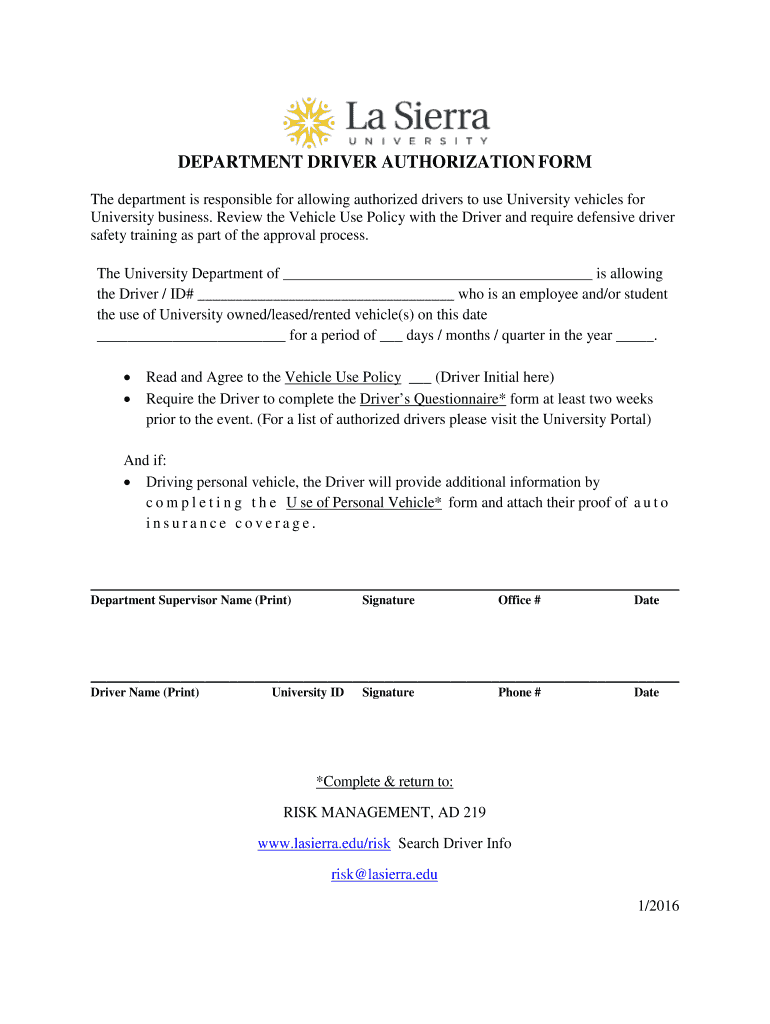 Fillable Online lasierra Department Driver Authorization Department ...