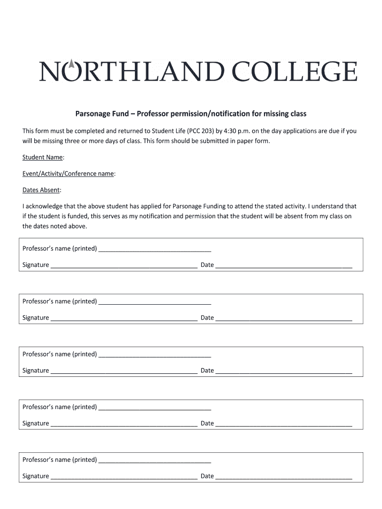 Fillable Online my northland Parsonage Fund Professor ...