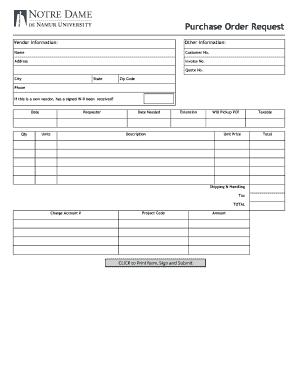 Fillable Online webinfo ndnu Purchase Order Request - Notre Dame de Namur University Fax Email ...