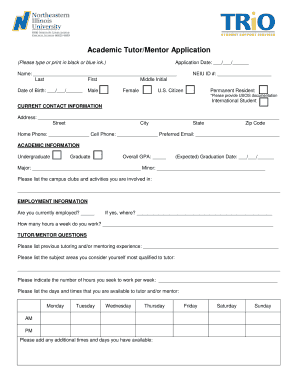 Fillable Online homepages neiu Academic TutorMentor Application Fax ...