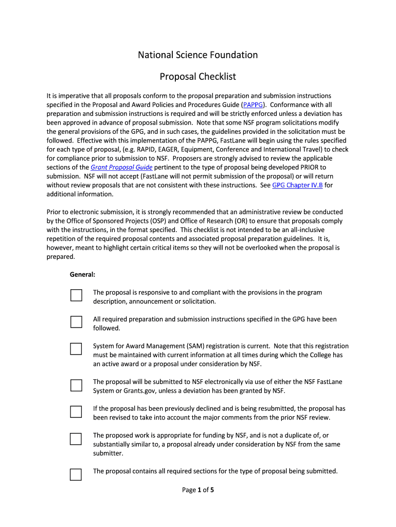 Fillable Online National Science Foundation Proposal Checklist Fax ...