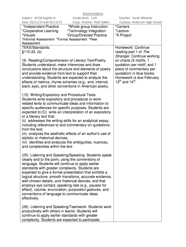 Fillable Online sites stedwards Existentialism Subject APIB English III ...