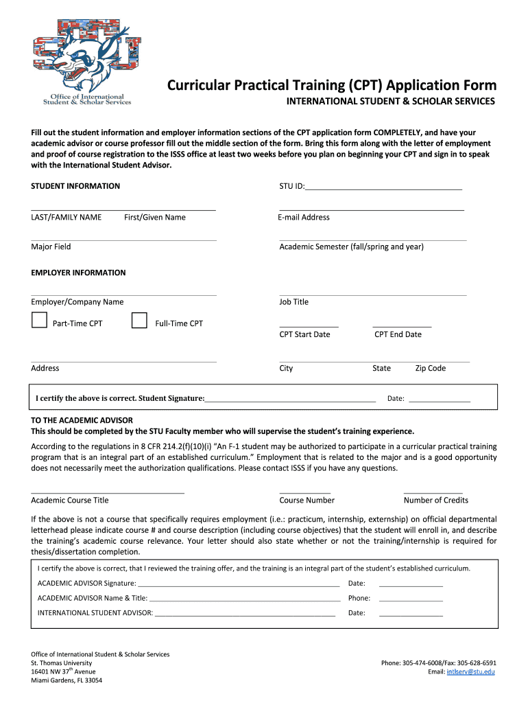 Fillable Online web stu FL14 CPT Application Form Fax Email Print - pdfFiller