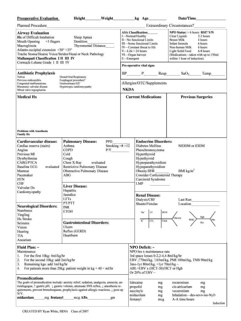 Fillable Online www2 smumn Preoperative Evaluation Height Weight kg Age DateTime - www2 smumn ...