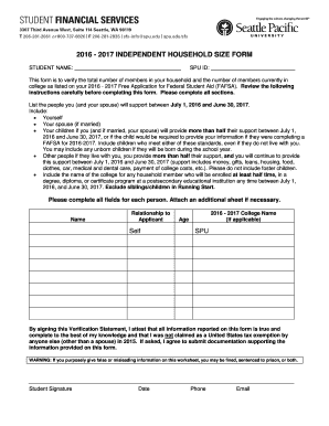 Fillable Online spu 2016 2017 INDEPENDENT HOUSEHOLD SIZE FORM STUDENT ...