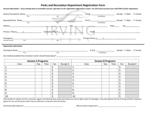 Fillable Online Parks and Recreation Department Registration Form Fax ...