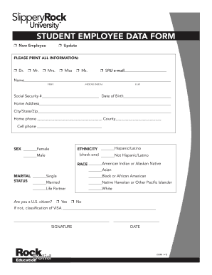 Fillable Online sru STUDENT EMPLOYEE DATA FORM New Employee Update ...
