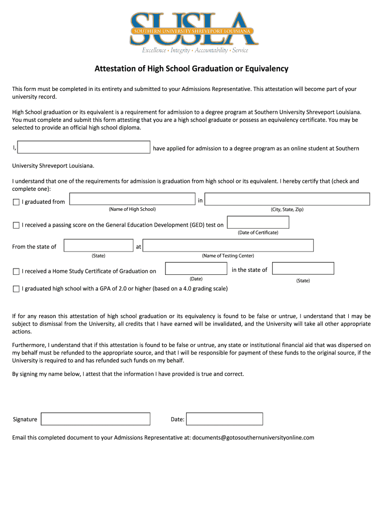 Fillable Online online susla Attestation of High School Graduation or ...