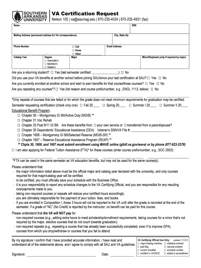 Fillable Online web saumag VA Certification Request - Southern Arkansas ...