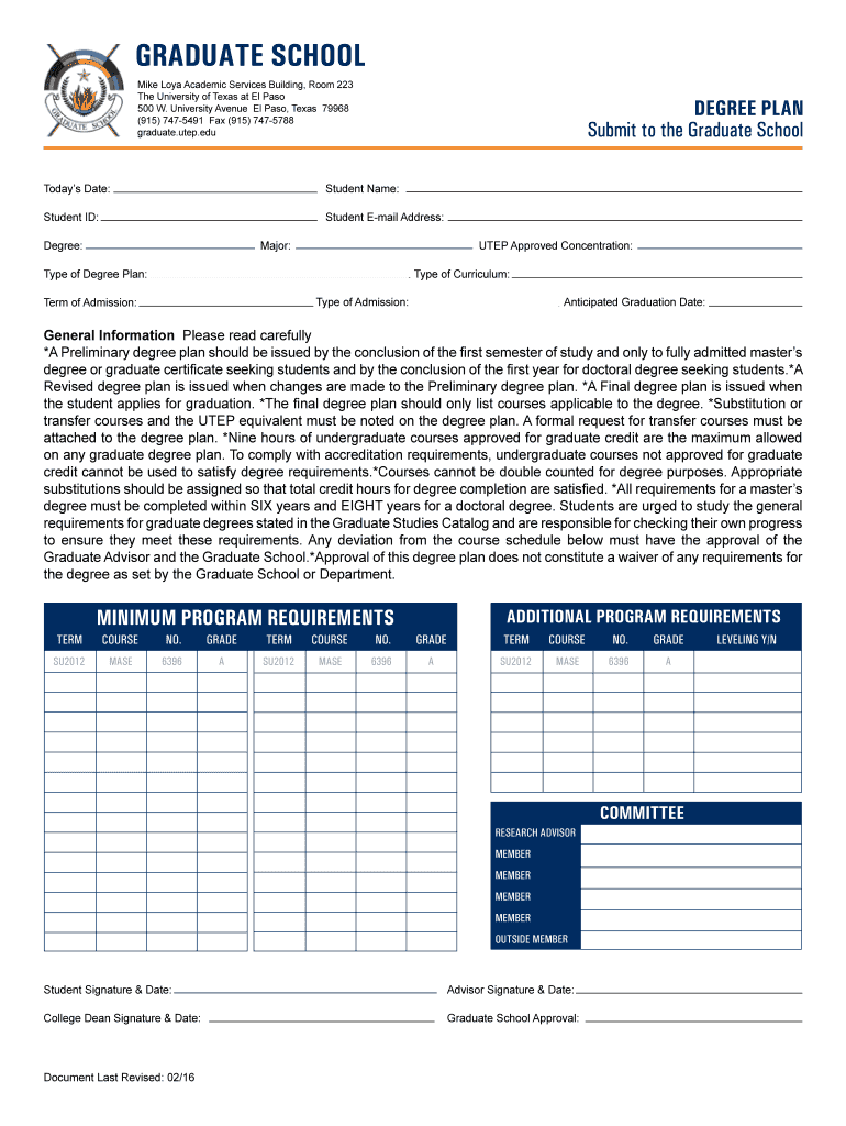 Fillable Online graduate utep MINIMUM PROGRAM REQUIREMENTS - Graduate School Fax Email Print ...