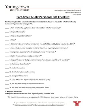 Fillable Online cms ysu Part-time Faculty Personnel File Checklist ...