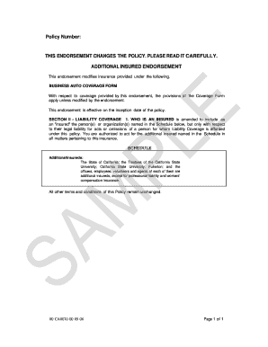 Fillable Online Sample Auto Liability Endorsement - Cal State Fullerton ...