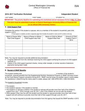 Fillable Online cwu Central Washington University IV4 Office of Financial Aid 20162017 ...