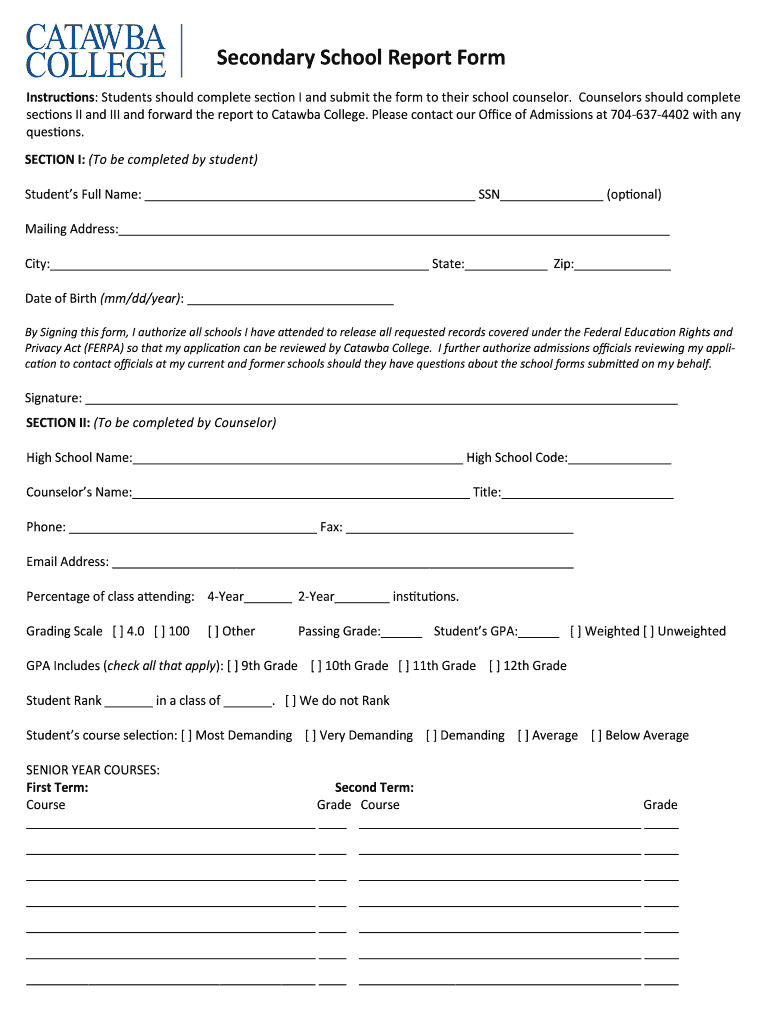 Fillable Online catawba Secondary School Report Form - Catawba College - catawba Fax Email Print ...