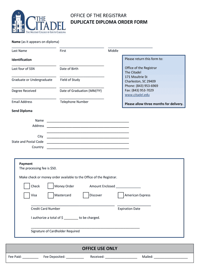 Fillable Online q1 citadel OFFICE OF THE REGISTRAR DUPLICATE DIPLOMA ...