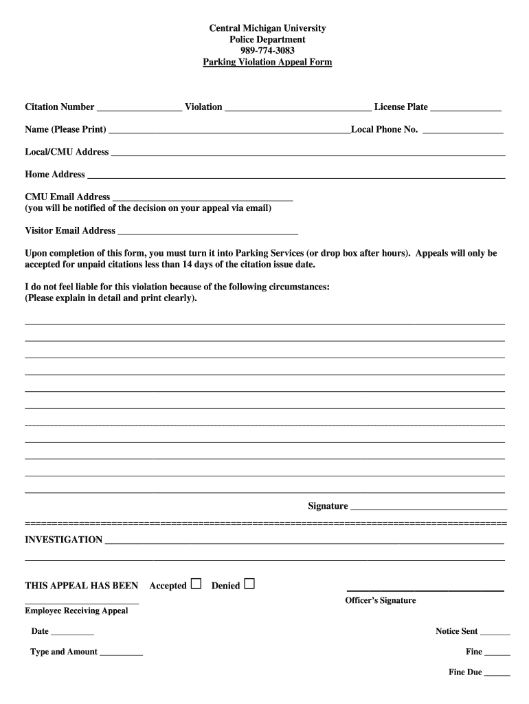 Fillable Online cmich Citation Number Violation License Plate Fax Email ...