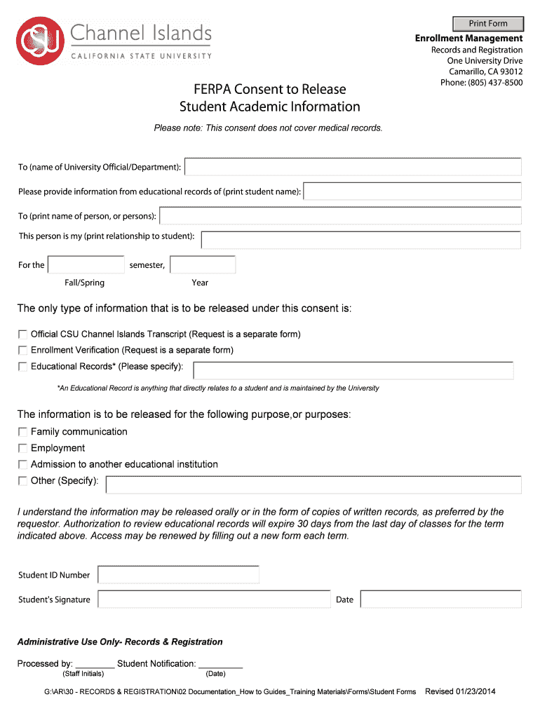 Fillable Online csuci FERPA Consent to Release Fax Email Print - pdfFiller