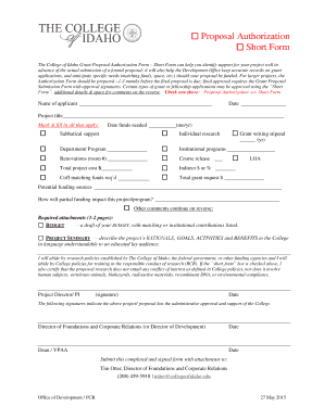 Fillable Online collegeofidaho Proposal Authorization Short Form ...