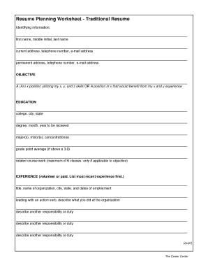 Fillable Online Resume Planning Worksheet - Traditional Resume Fax Email Print - pdfFiller