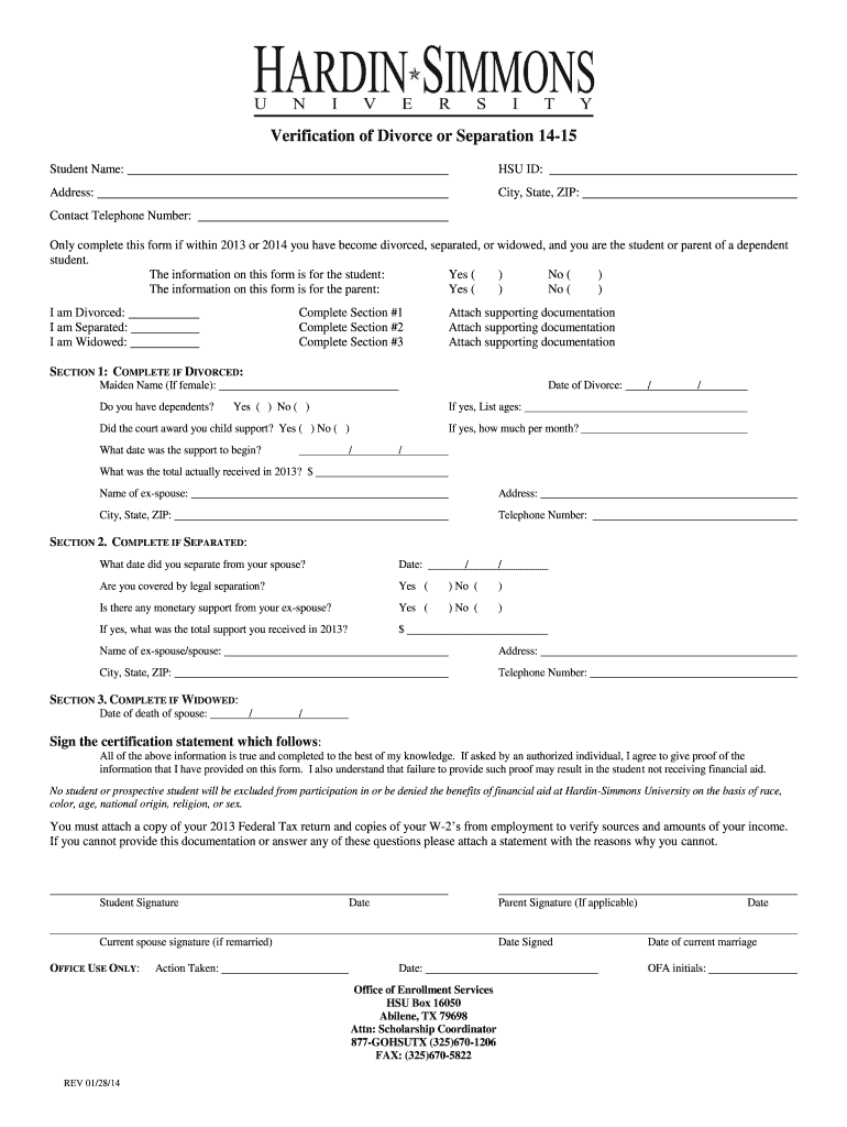 Fillable Online hsutx Verification of Divorce or Separation 14-15 ...