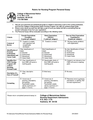 Fillable Online Rubric for Nursing Program Personal Essay Fax Email ...