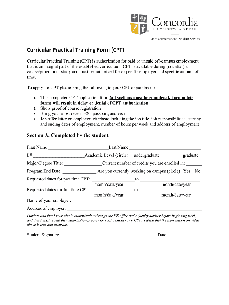 Fillable Online info csp Curricular Practical Training Form CPT - infocspedu - info csp Fax ...