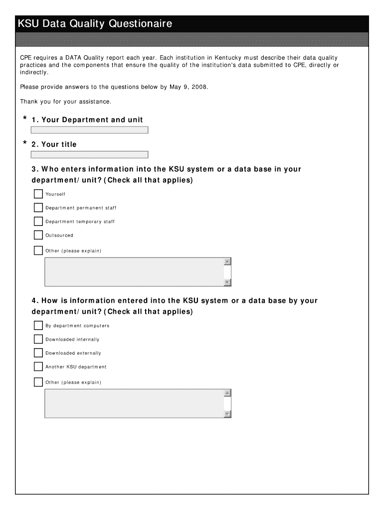 Fillable Online kysu KSU Data Quality Questionaire - Kentucky State University Fax Email Print ...