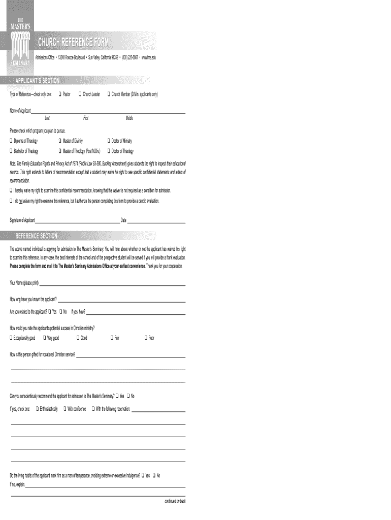 Fillable Online legacy tms CHURCH REFERENCE FORM - The Masters Seminary ...