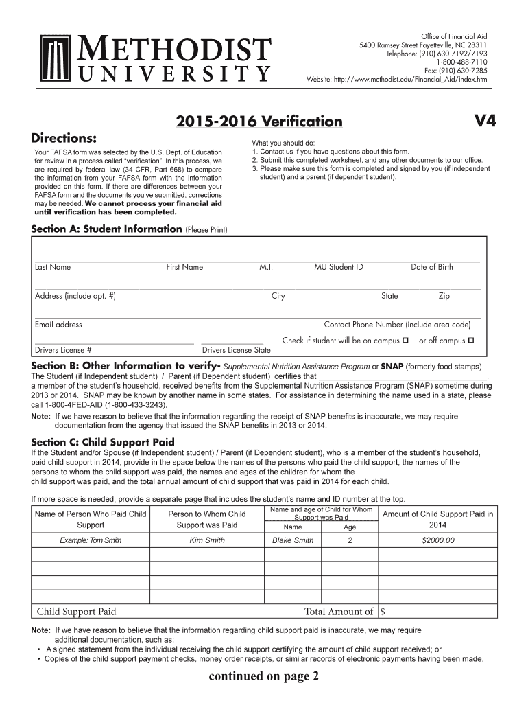 Fillable Online methodist 2015-2016 Verification - Methodist University Fax Email Print - pdfFiller