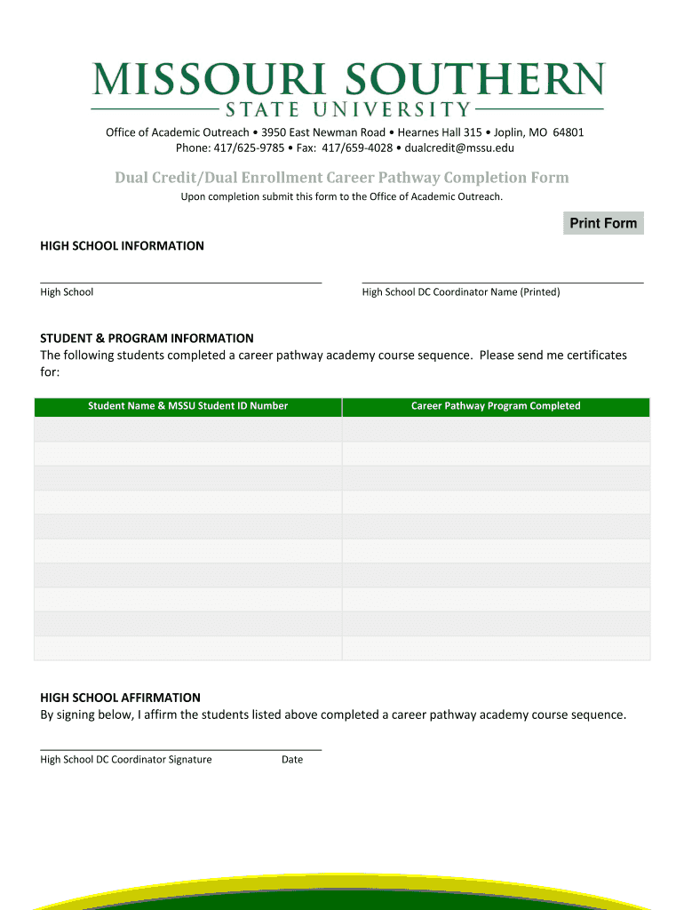 Fillable Online mssu Dual CreditDual Enrollment Career Pathway Completion Form Fax Email Print ...