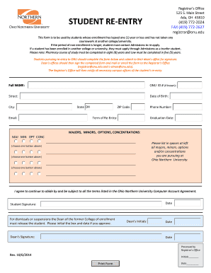 Fillable Online onu STUDENT RE-ENTRY Ada OH 45810 Fax Email Print ...