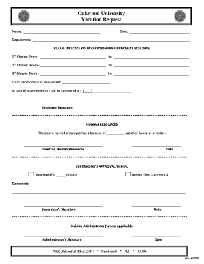 Fillable Online oakwood Oakwood University Vacation Request Fax Email ...