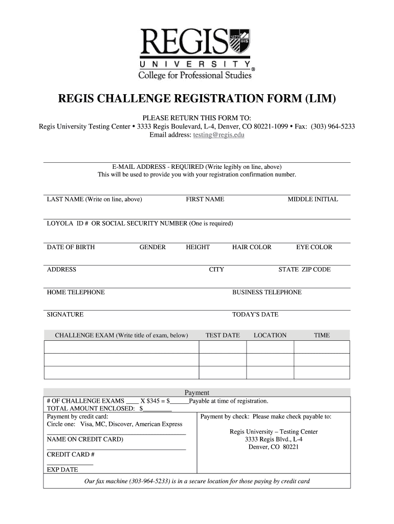 Fillable Online regis REGIS CHALLENGE REGISTRATION FORM LIM - regis Fax ...