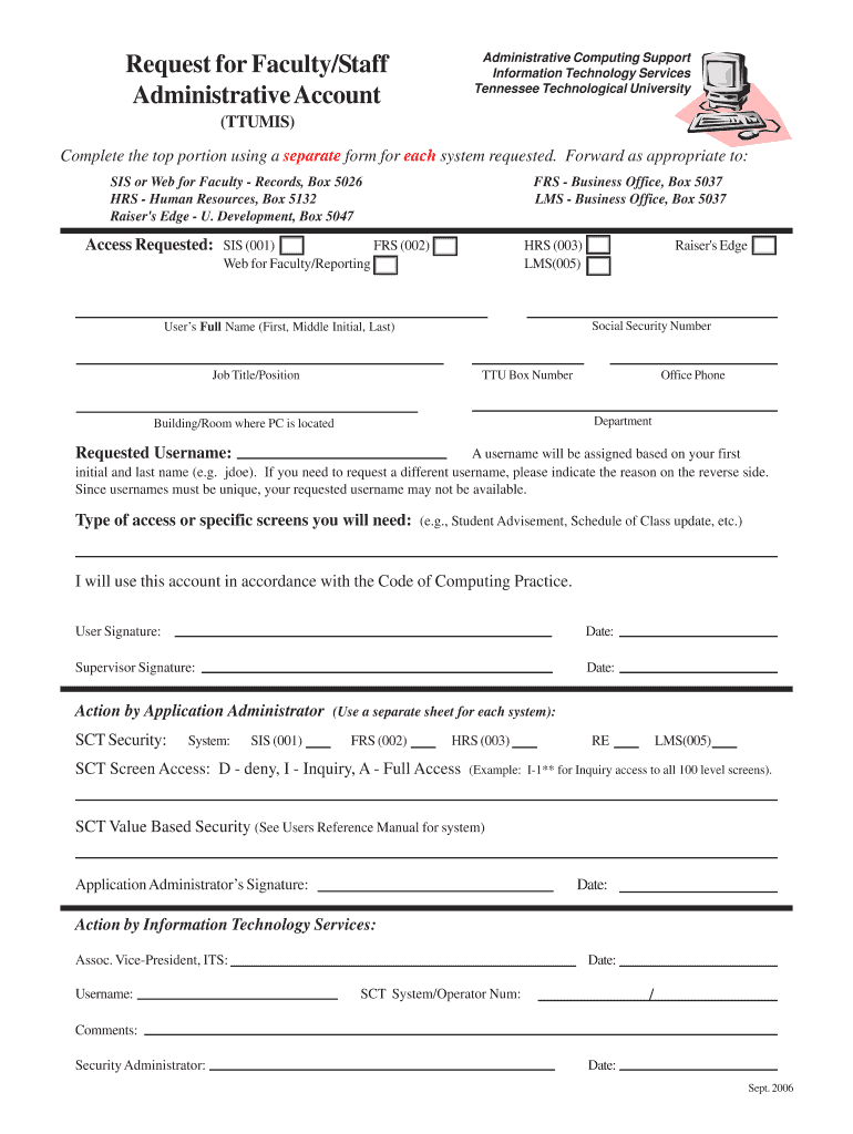Fillable Online www2 tntech TTUMIS Account Request - Tennessee Technological University Fax ...