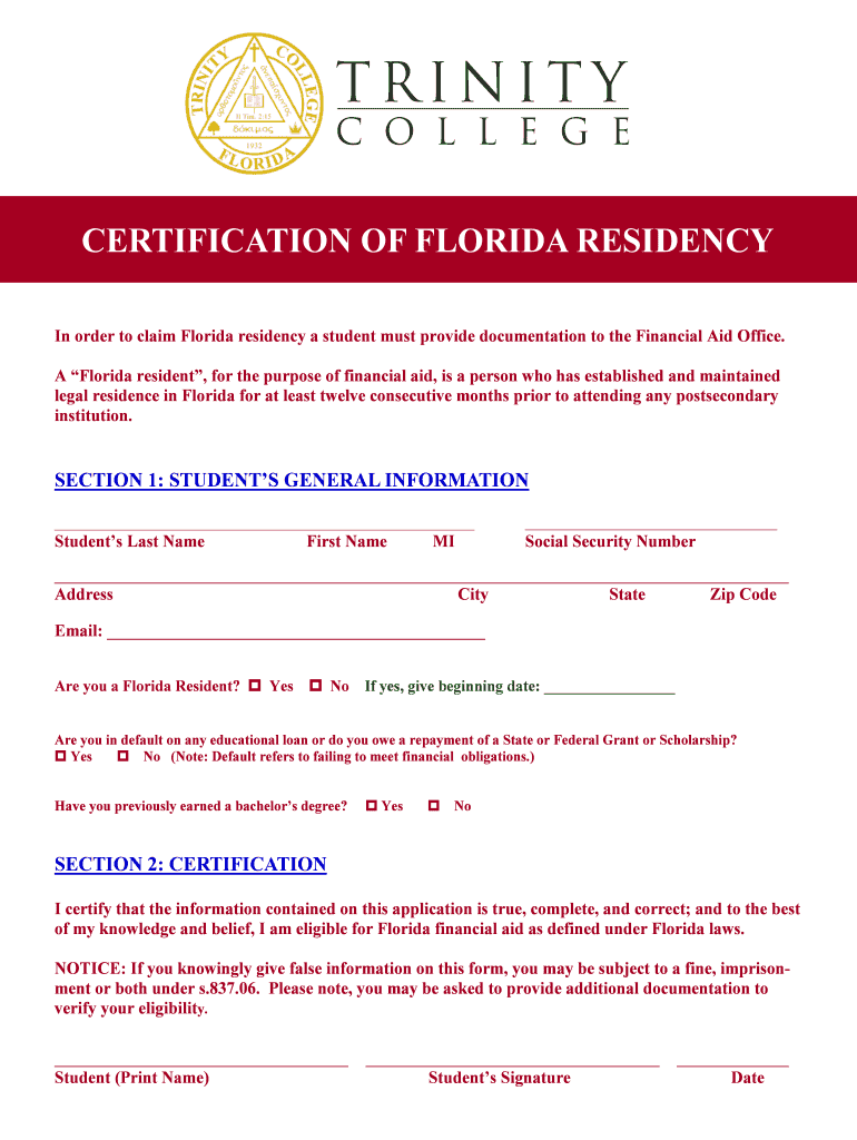 Fillable Online trinitycollege CERTIFICATION OF FLORIDA RESIDENCY ...