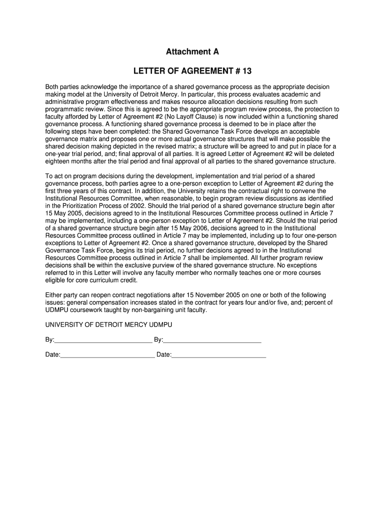 Fillable Online udmercy LETTER OF AGREEMENT # 13 - udmercy Fax Email ...