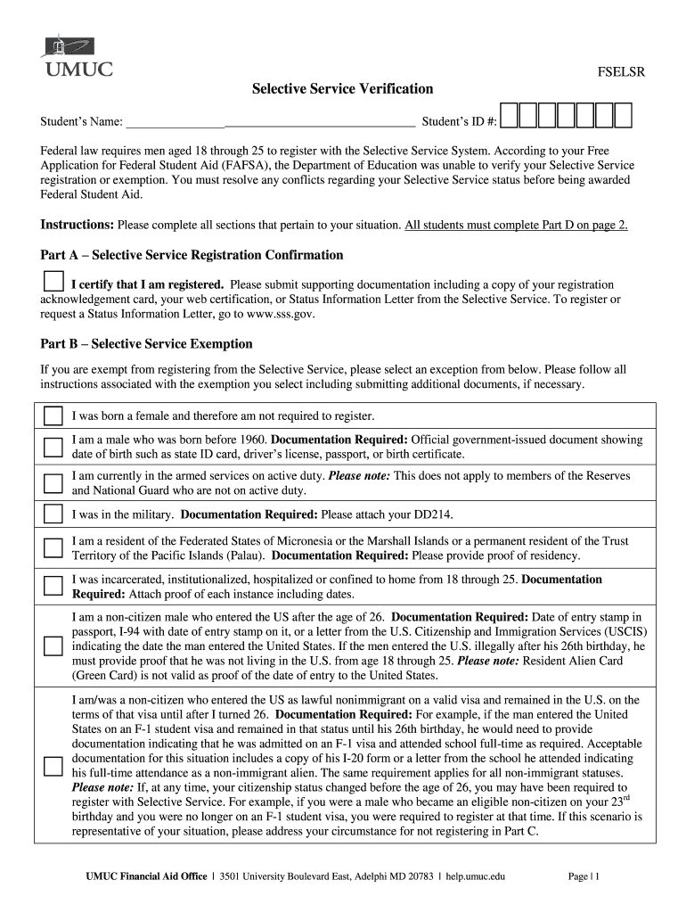 Fillable Online umuc Selective Service Verification - umucedu Fax Email ...
