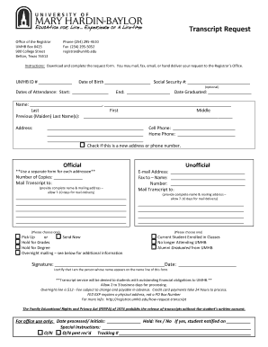 Fillable Online registrar umhb Transcript Request - University of Mary ...