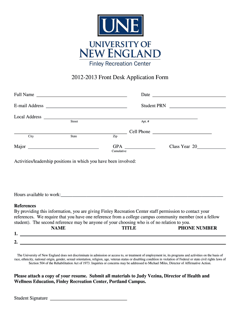 Fillable Online une 2012-2013 Front Desk Application Form Fax Email ...