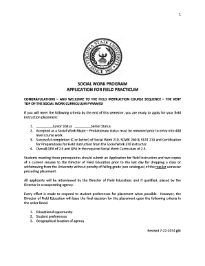 Fillable Online SOCIAL WORK PROGRAM APPLICATION FOR FIELD PRACTICUM Fax ...