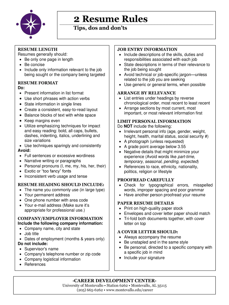 Fillable Online dev montevallo 2 Resume Rules - devmontevalloedu - dev ...