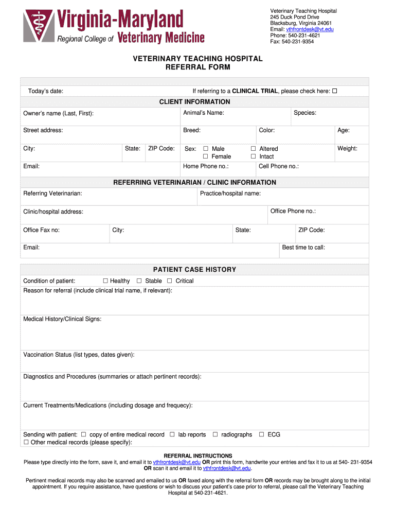 Fillable Online vetmed vt VETERINARY TEACHING HOSPITAL REFERRAL FORM Fax Email Print - pdfFiller