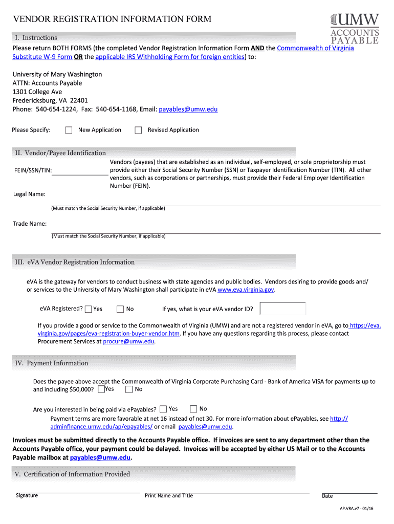 Fillable Online documents umw VENDOR REGISTRATION INFORMATION FORM Fax ...
