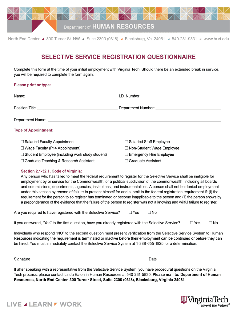 Fillable Online SELECTIVE SERVICE REGISTRATION QUESTIONNAIRE Fax Email ...