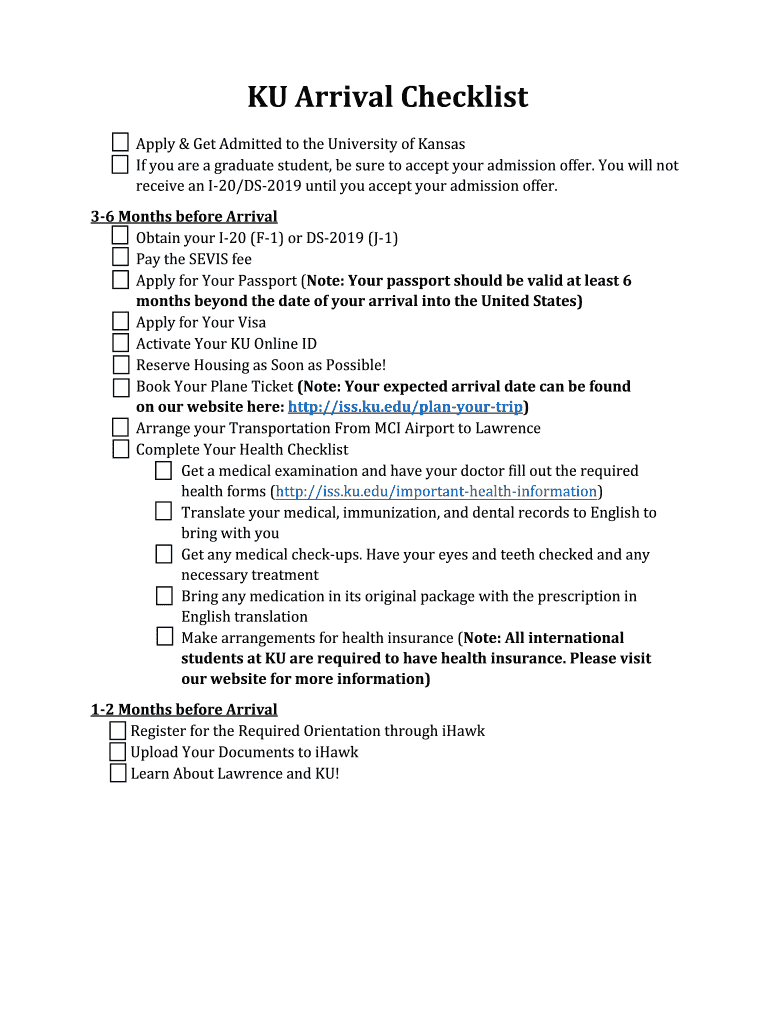 Fillable Online iss ku KU Arrival Checklist Fax Email Print - pdfFiller
