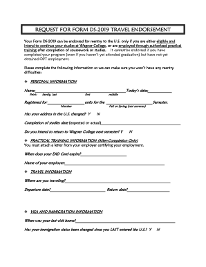 Fillable Online wagner REQUEST FOR FORM DS-2019 TRAVEL ENDORSEMENT Fax ...