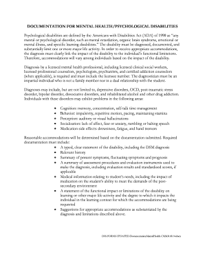 Fillable Online DOCUMENTATION FOR MENTAL HEALTH/PSYCHOLOGICAL ...