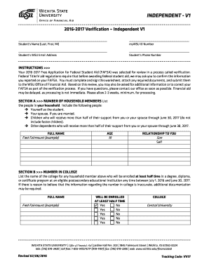 Fillable Online webs wichita 2016-2017 Verification Independent V1 Fax Email Print - pdfFiller
