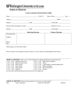 Fillable Online veins wustl VASCULAR HEALTH HISTORY FORM - Vein Center ...