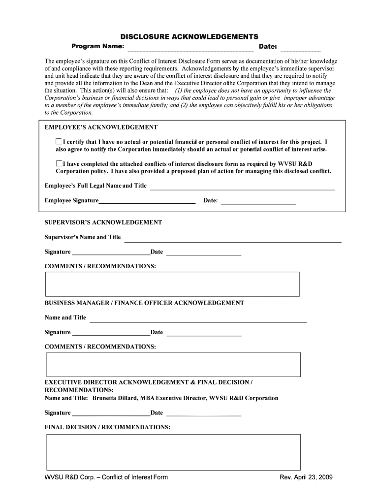 Fillable Online wvstateu DISCLOSURE ACKNOWLEDGEMENTS Fax Email Print - pdfFiller